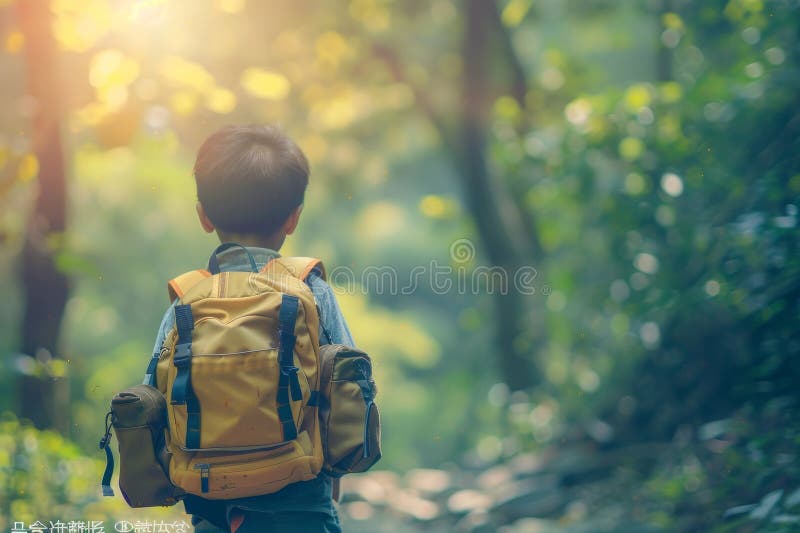 A Young Boy with a Backpack Exploring the Forest on Foot, a Boy with a ...