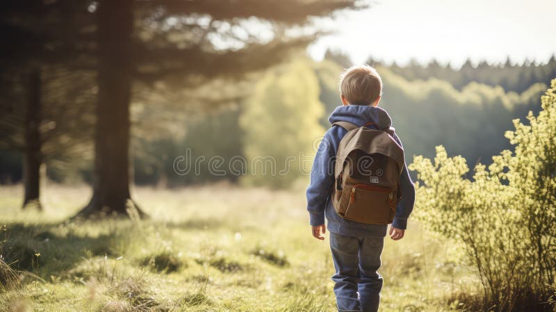 Young Boy with Backpack Exploring the Woods on a Sunny Day Stock Illustration - Illustration of ...