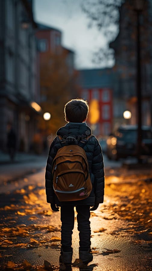 Young Boy with Backpack, Standing on Evening Street, Back View Stock ...