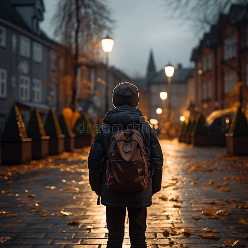 Young Boy with Backpack, Standing on Evening Street, Back View Stock Illustration - Illustration ...