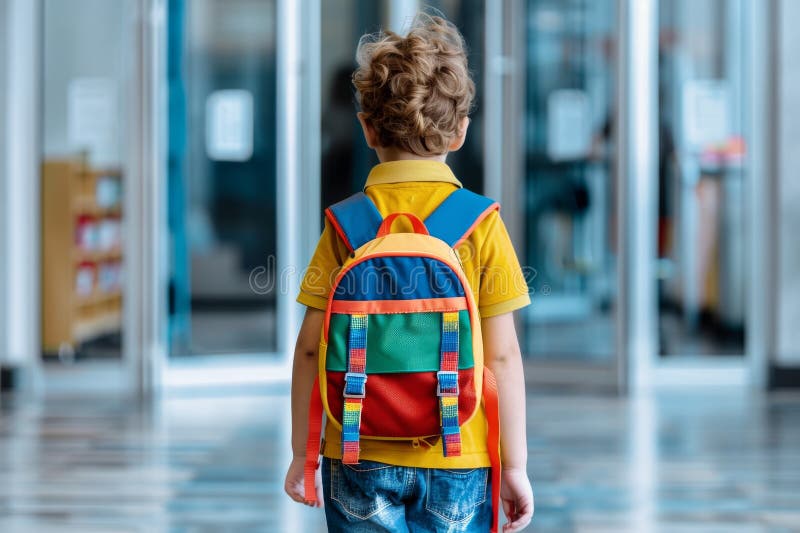 Young Boy with Backpack Walking through School Hallway, Back View ...