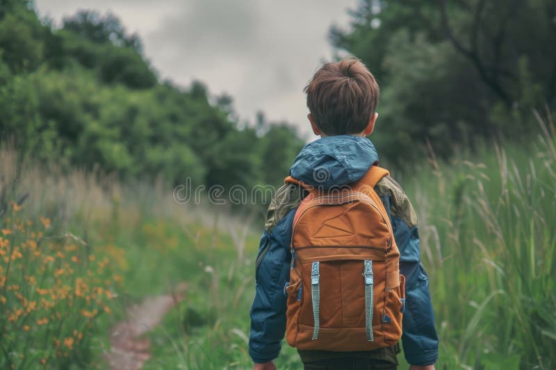A Young Boy with a Backpack Walks Confidently Down a Path, Ready for ...