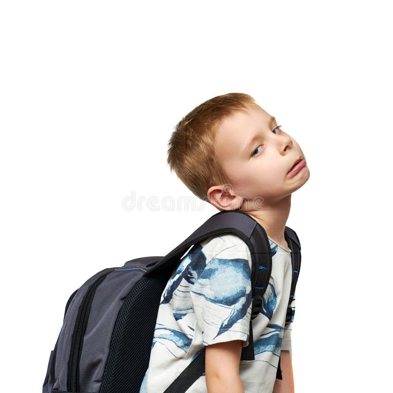 Young Boy with a Big Backpack. Sad Facial Expression Stock Image ...