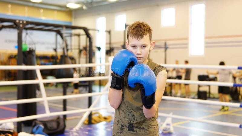 Young Boy Boxing with Blue Glovers on the Ring Stock Photo - Image of ...