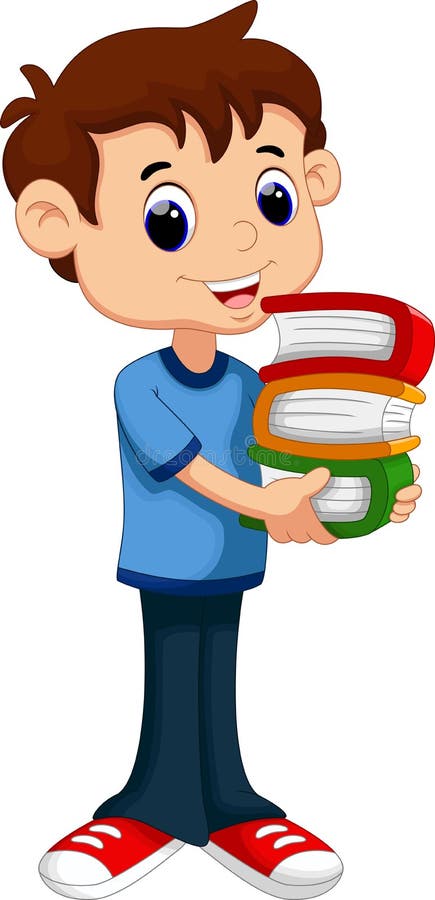 Young Boy Bring Pile Of Books Stock Illustration - Illustration of ...