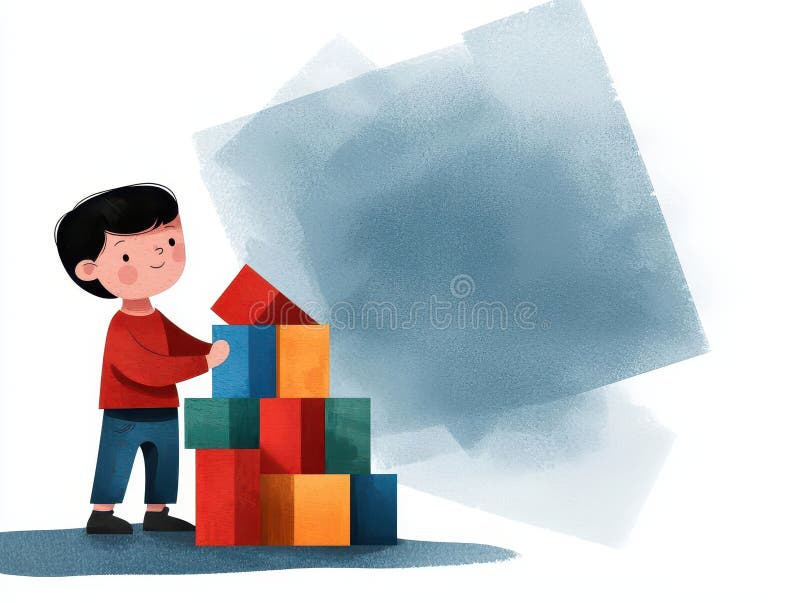 A Young Boy Building a Tower with Colorful Blocks Stock Illustration ...