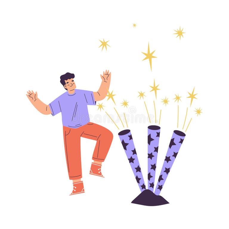 Young Boy Character Setting Off Firework Vector Illustration Stock ...