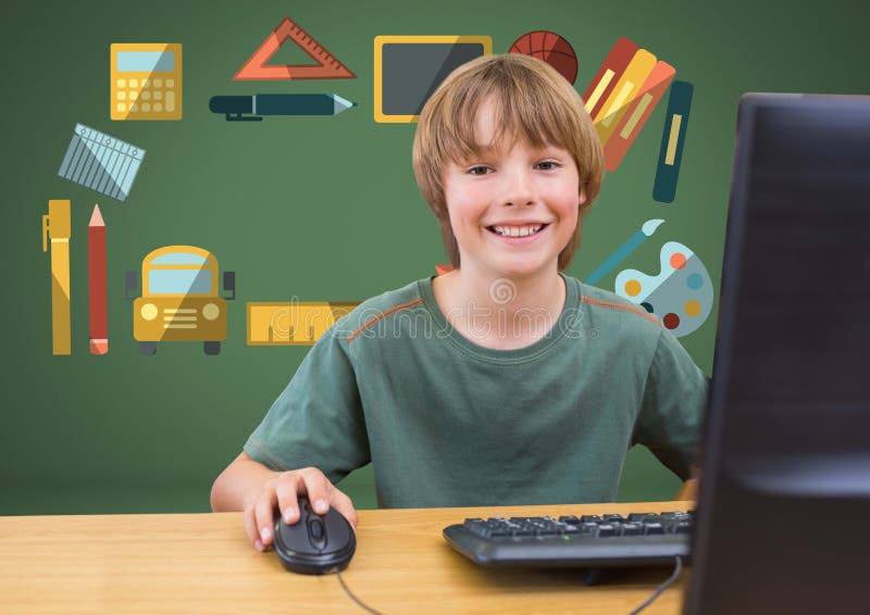Young Boy on Computer with Education Graphic Drawings Stock Image ...
