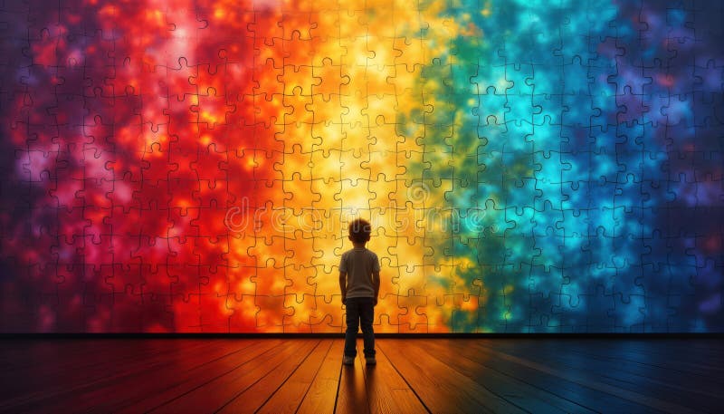 Young Boy Contemplates Colorful Puzzle Wall. Massive Wall of Puzzle ...