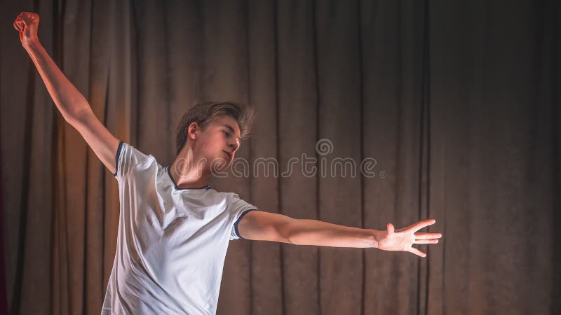 Young Dancer Guy Rehearsing on Stage, Dance Elements Stock Photo ...