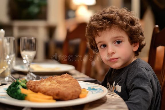 A Young Boy at a Dinner Table with a Plate of Food. Stock Illustration ...