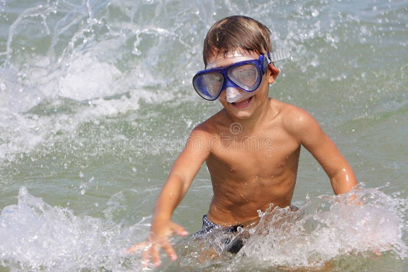 Young Boy in Diving Mask in Water Stock Image - Image of beach ...