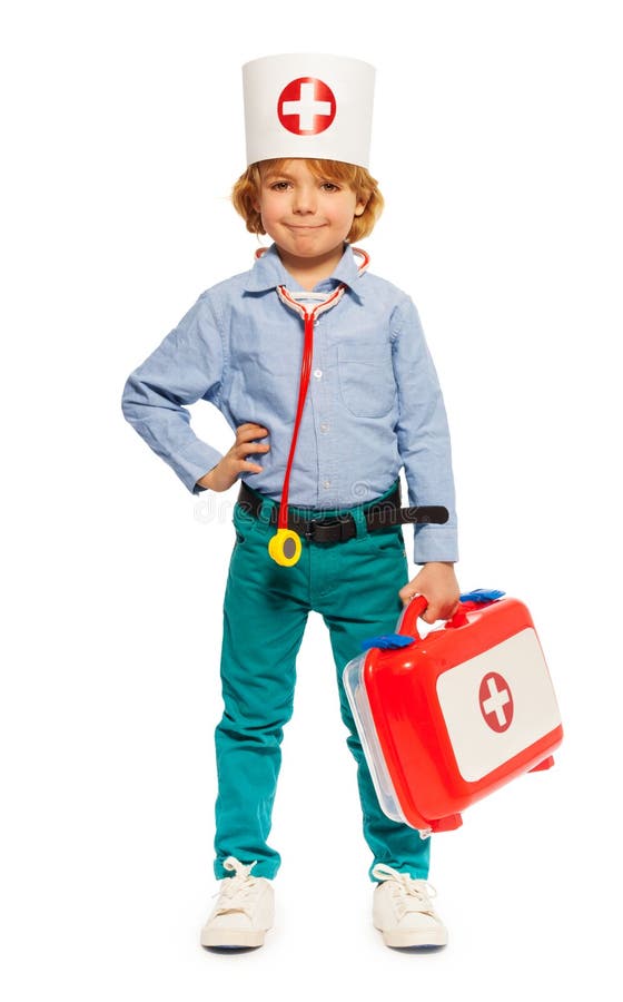 Young Boy in Doctors Cap and with Toy Instruments Stock Photo - Image ...