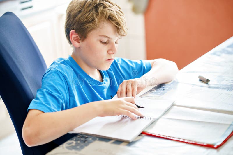Young Boy Doing His Homework at Home. School Kid Learning. Stock Photo ...