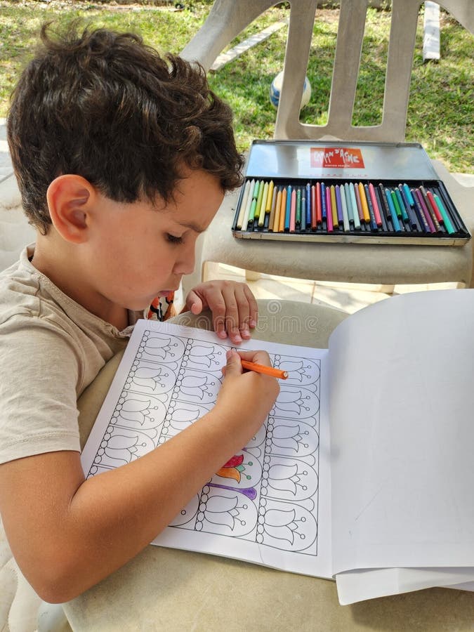 Young Boy Drawing Crayons Piece Paper Stock Photos - Free & Royalty ...