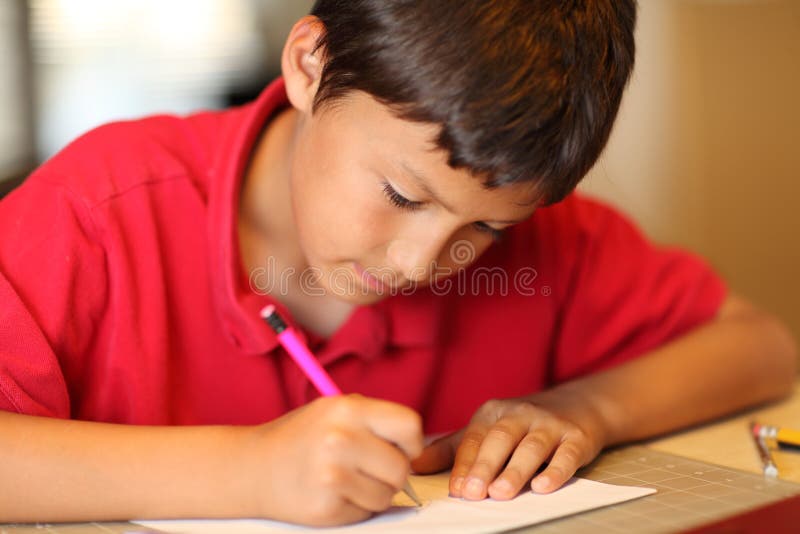 Young Boy Drawing for Homework Stock Image - Image of pencil, cute ...