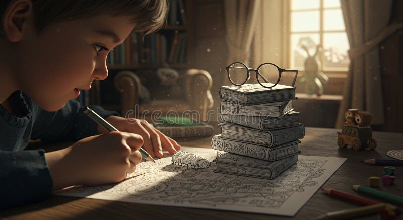 Young Boy Drawing on Paper beside Stack of Books Stock Illustration ...