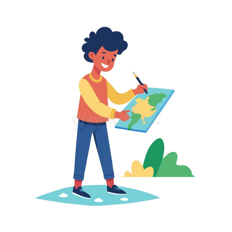Boy Drawing a Map: Geography Education and Exploration Illustration ...