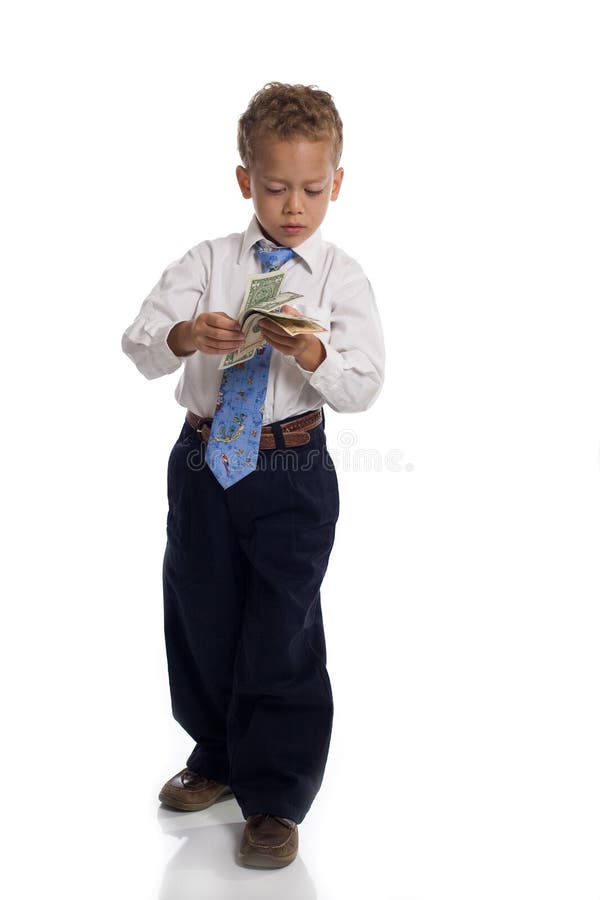 Young Boy Dressed As Businessman Holds Money Stock Photo - Image of ...