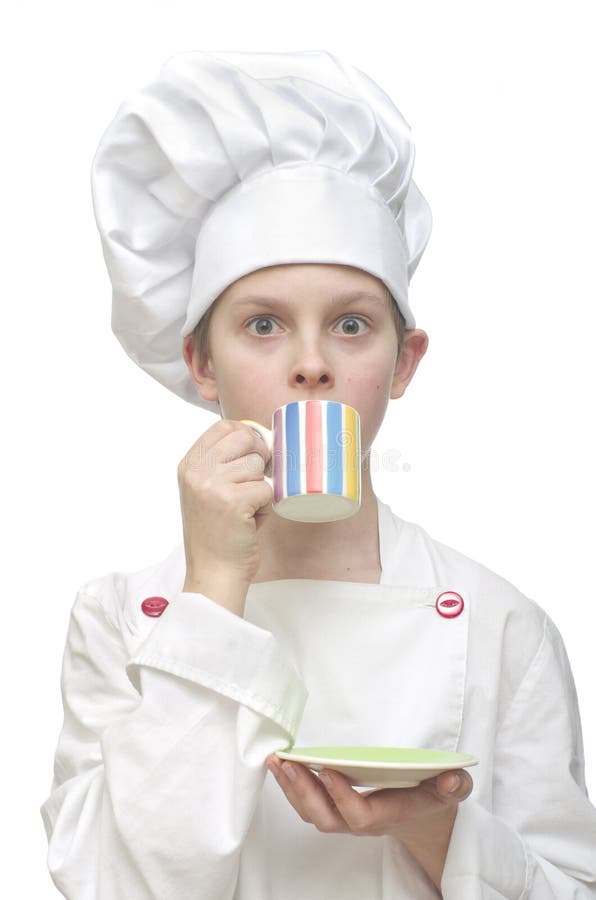 Young Boy Dressed As Chef Drinking Tea White Background Stock Photos ...
