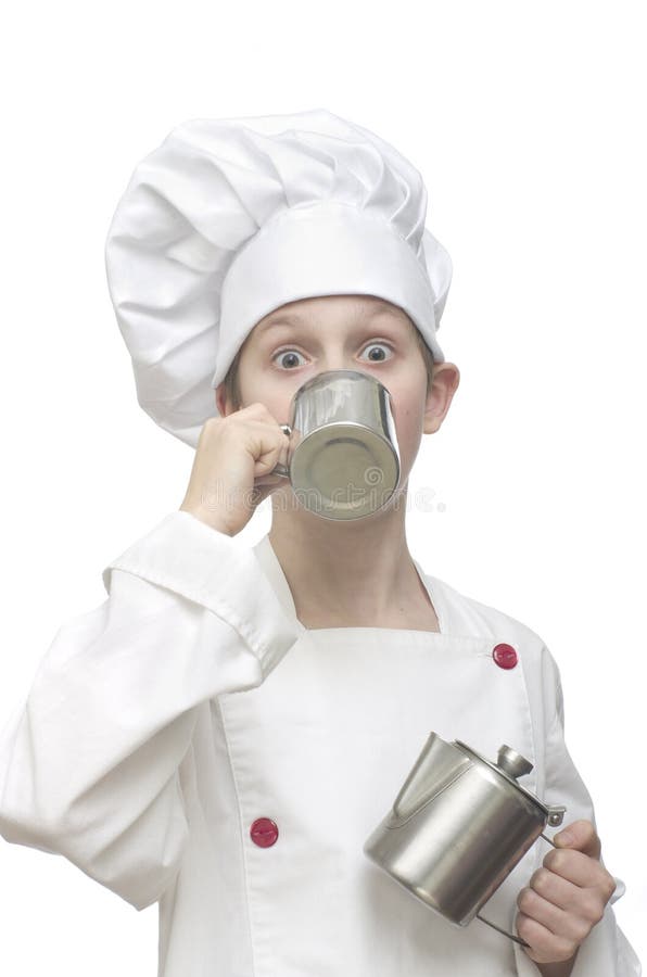 Young Boy Dressed As Chef Drinking Tea White Background Stock Photos ...