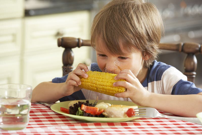 Young Boy Eating Meal in Kitchen Stock Photo - Image of chicken, meal ...