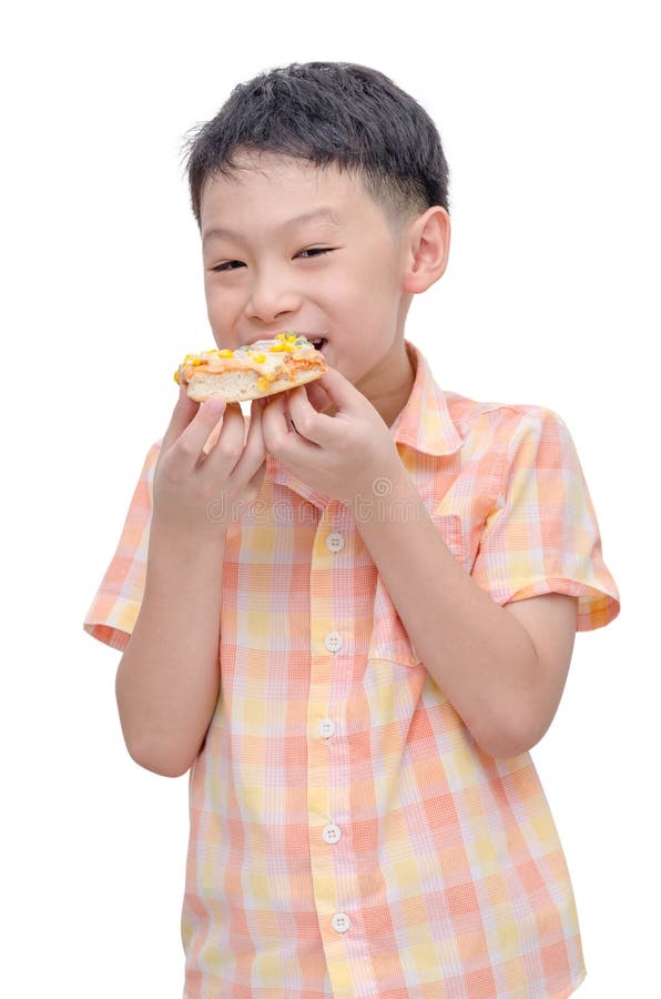 Young Boy Eating Pizza Over White Stock Photo - Image of lunch, face ...