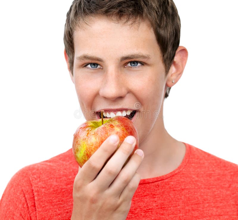 Young Boy Eating a Red Apple Stock Image - Image of color, enjoyment ...