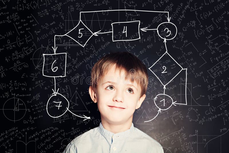 Young Boy Elementary School Student with Algorithm on School Blackboard ...