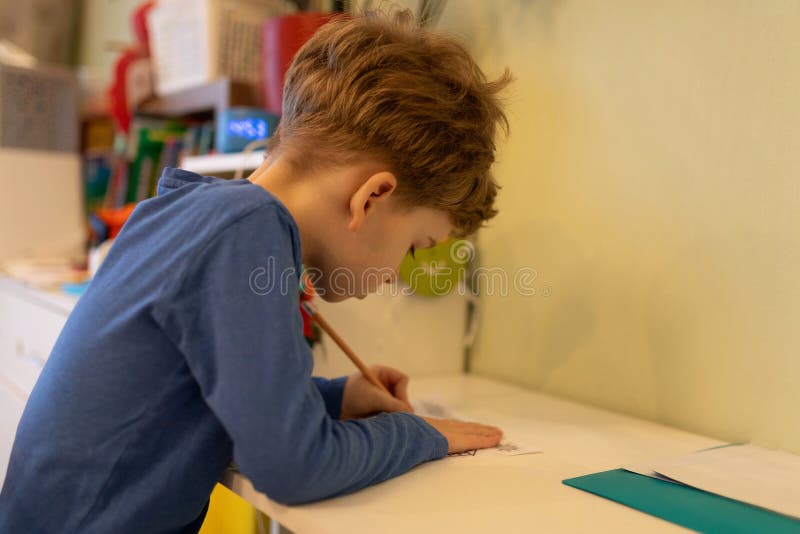 Young Boy Engaged in Creative Drawing at Home during Afternoon Hours ...