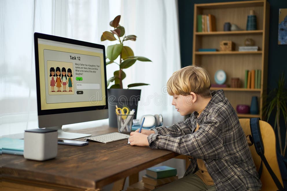 Young Boy Studying at Desk with Online Learning Task Stock Image - Image of environment ...