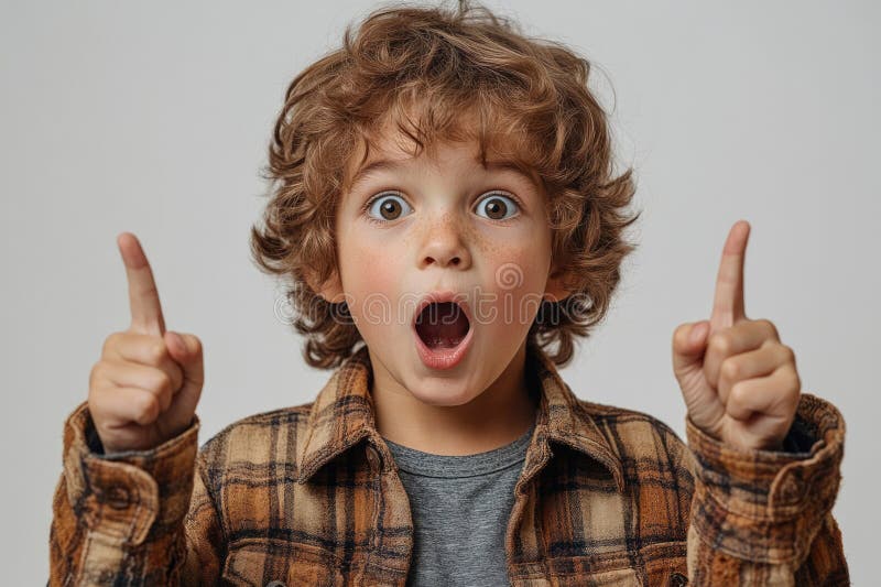 Young Boy Excitedly Pointing at Empty Space with Wonder on His Face Aga ...