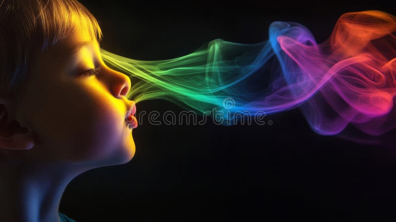 Young Boy Exhaling Rainbow Smoke, Dark Background Stock Illustration ...