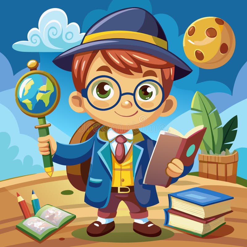 A Young Boy Explorer with a Book, Backpack, and Glob Stock Vector ...