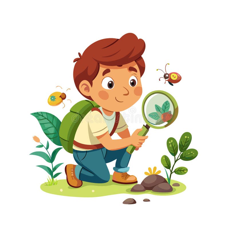 Young Boy Explorer Examining Nature with Magnifying Glass and Backpack ...