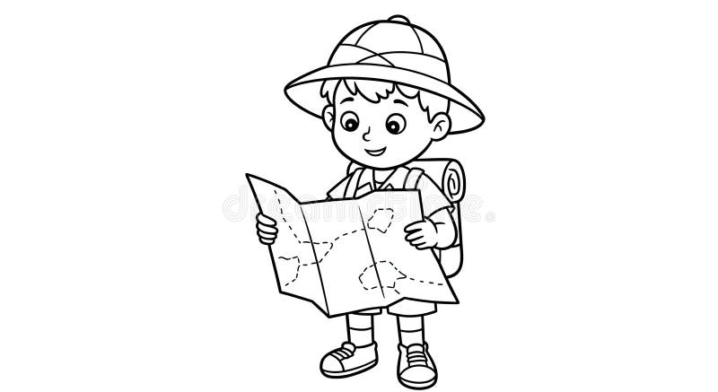 Coloring Page of a Boy Explorer Looking at a Simple, Folded Map Stock ...