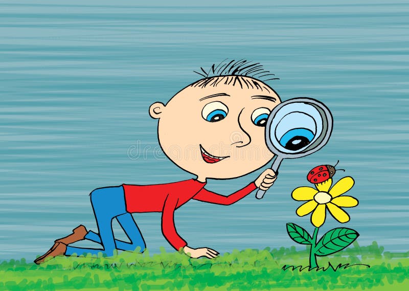 Young Boy Exploring Nature in a Meadow with a Magnifying Glass L Stock ...