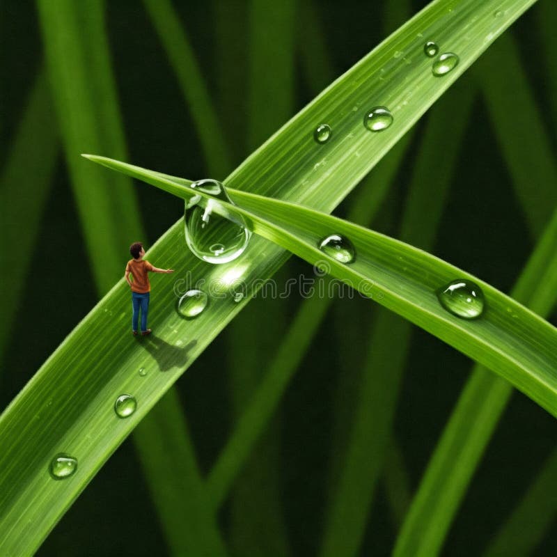 Young Boy Exploring Nature, Walking on Grass Blade and Observing Dew ...