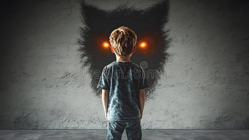 Young Boy Facing Creature Mural on Wall Stock Illustration ...