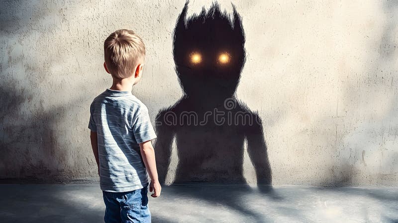 Young Boy Facing a Mysterious Shadow Creature Stock Illustration ...
