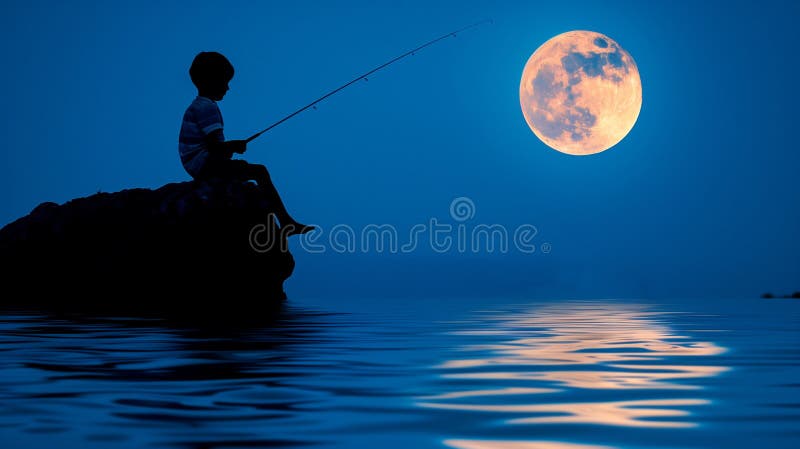 Young Boy Fishing Silhouette with Full Moon at Night Stock Illustration ...