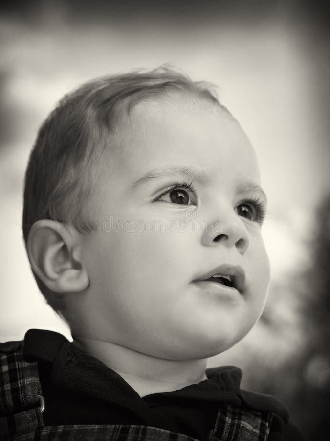 Young Boy Fixedly Looking Forward Stock Image - Image of focus, plaid ...