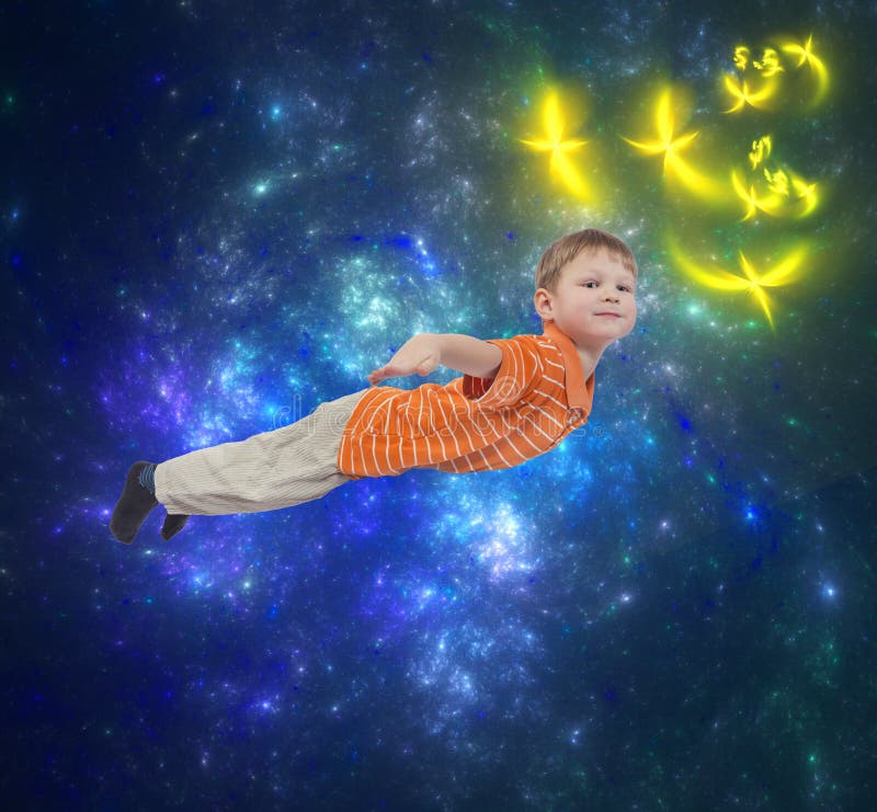Young Boy Flying with Abstract Background Stock Illustration ...