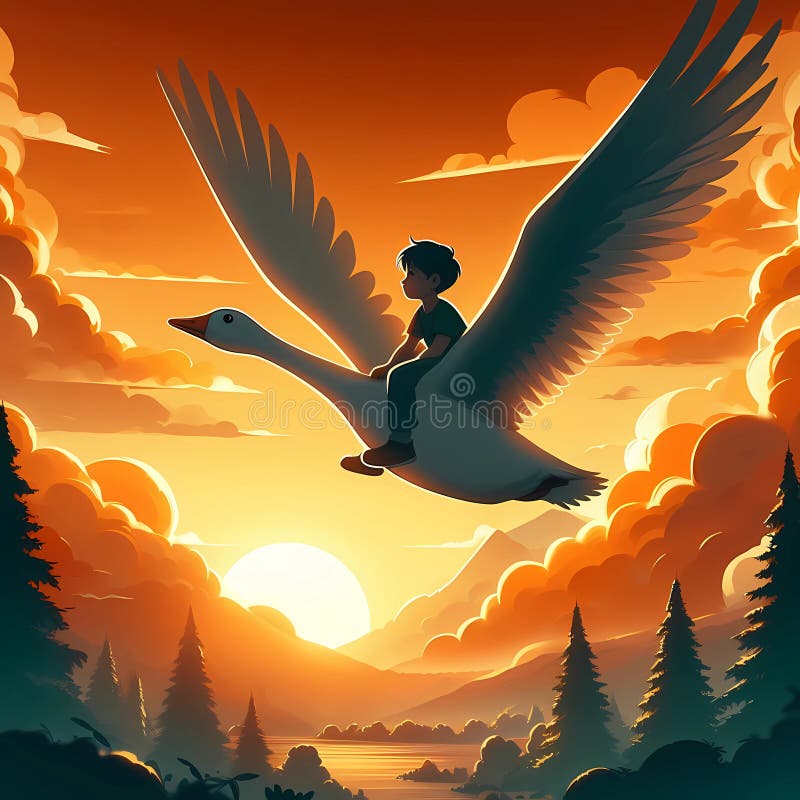 Goose and boy flying stock illustration. Illustration of hill - 348140193
