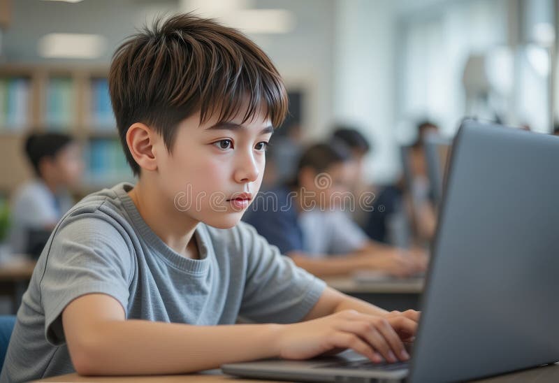 Young Boy Focused on Computer Screen. Using Laptop in School. Stock ...