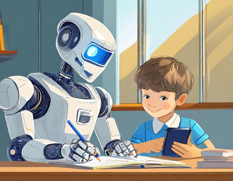Boy and Robot Studying Together Stock Illustration - Illustration of ...