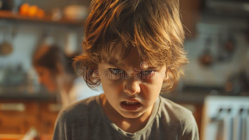 A Young Boy with a Frustrated Expression, Looking Directly at the ...