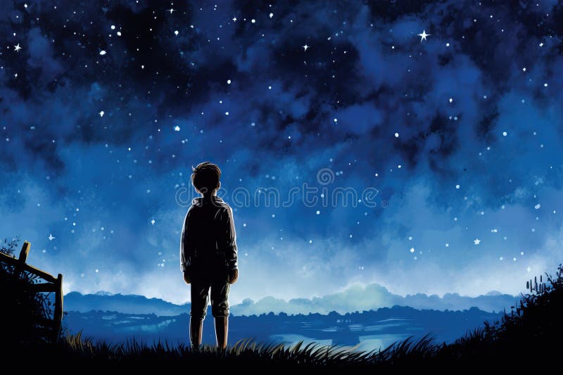 A Young Boy Gazing at the Starry Night Sky Stock Image - Image of ...