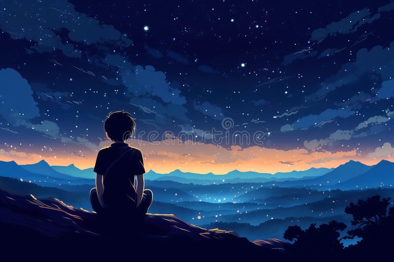 A Young Boy Gazing at the Starry Night Sky Stock Image - Image of ...