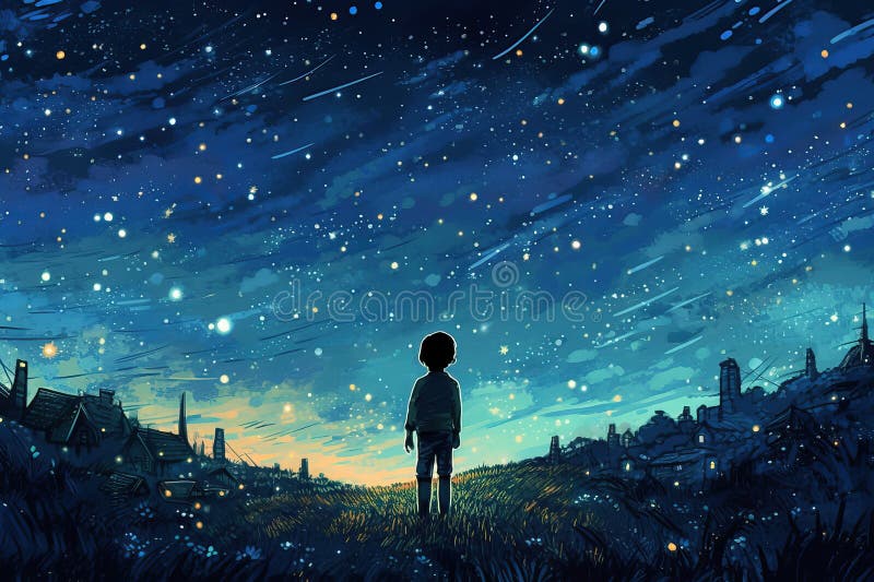 A Young Boy Gazing at the Starry Night Sky Stock Photo - Image of ...